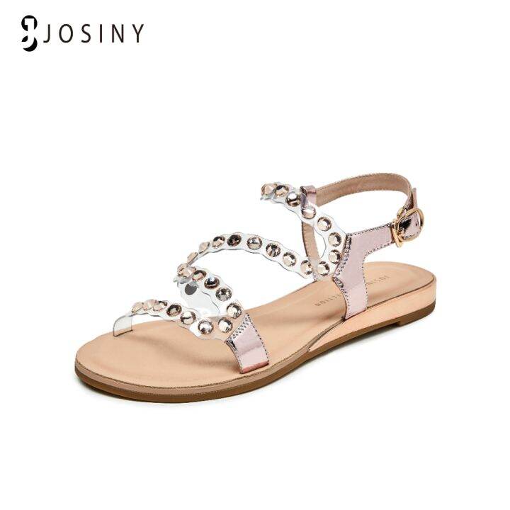 JOSINY รองเท้าผู้หญิงรองเท้าแตะแบนสีชมพูเงินซัมเมอร์บีชแฟชั่นรองเท้า ...