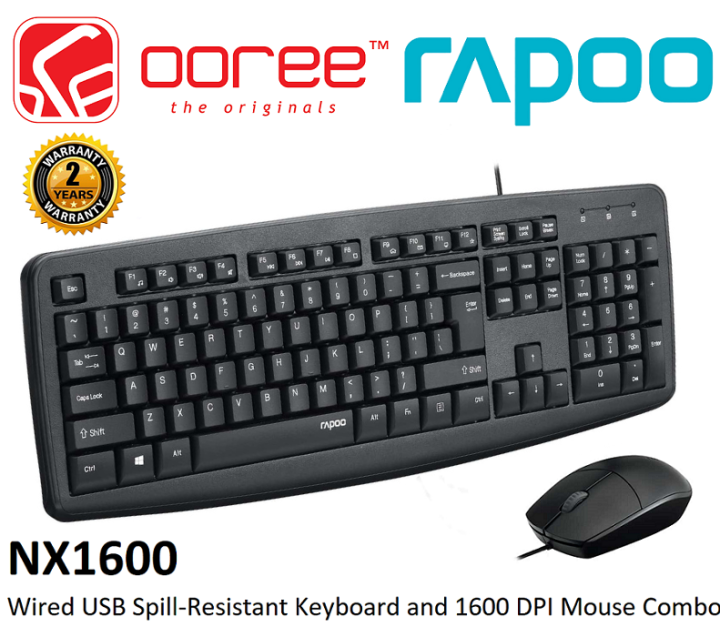 Rapoo Nx1600 Wired Spill Resistant Keyboard And 1600 Dpi Sensor Mouse Combo Set With Led Capslock