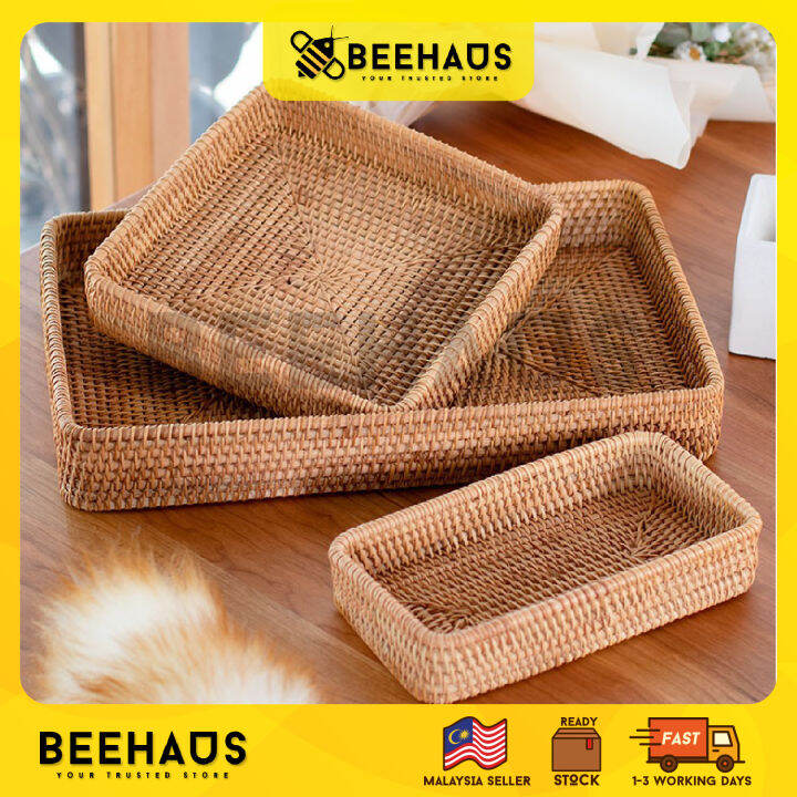 BEEHAUS Rectangular Hand-Woven Rattan Basket Tray | Rattan Storage Box ...