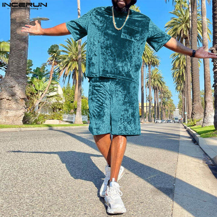 INCERUN ชุดผู้ชายแขนสั้นเสื้อยืดกางเกงขาสั้นเอวยางยืด (สไตล์ตะวันตก ...