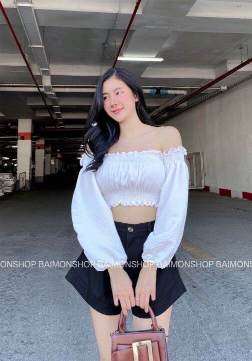 Bw Warisara🦄เสื้อครอปแขนยาว สม็อตปาดไหล่ ผ้าสวย แมชง่ายกับทุกชุด รีบๆ