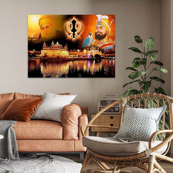 Guru Gobind Singh Ji and Guru Nanak Dev Ji with Eagle Poster Golden Temple Canvas Wall Decor ...