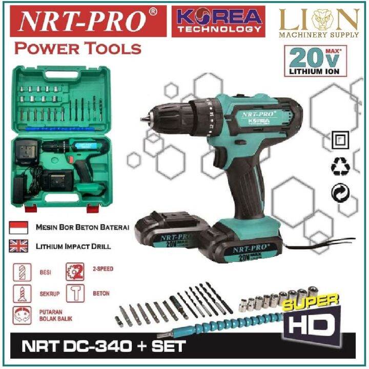 NRT-PRO DC-340 Cordless Impact Drill 20V With Accessories Set and 2 Batteries 1 Charger | Lazada