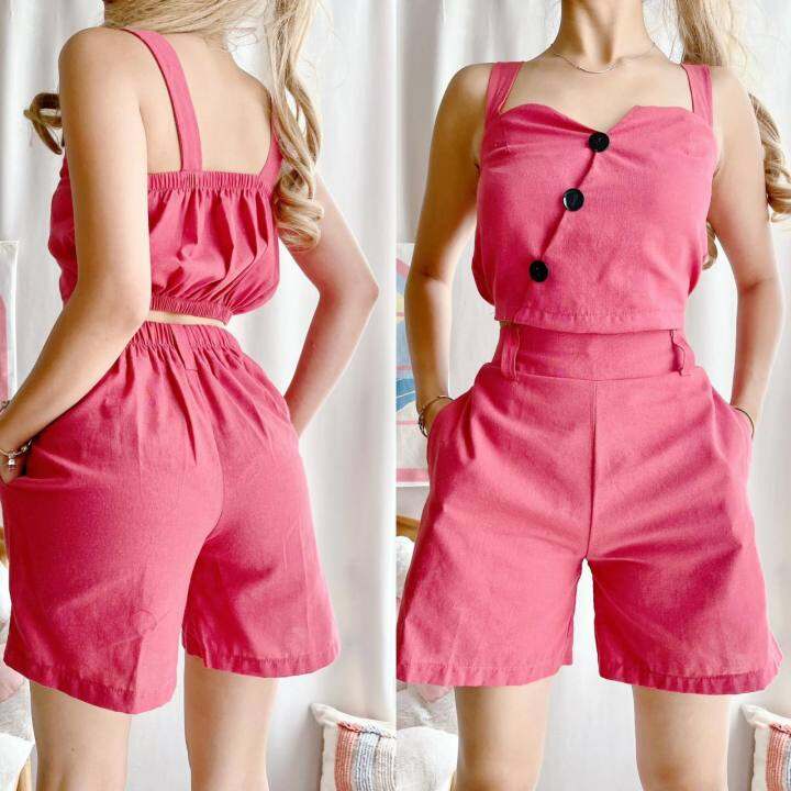 Sleeveless Button Up Semi Crop Top and Pocket Terno Short Coordinates ...