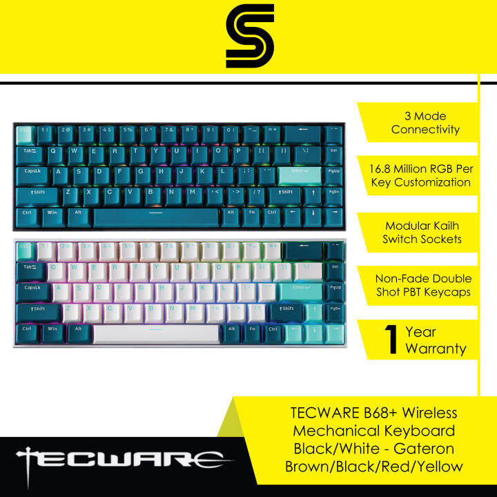 TECWARE B68+ Wireless Mechanical Keyboard - Black/White - Gateron Brown ...