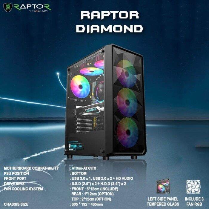 Casing PC Gaming Raptor Diamond Free 3 RGB Fan | Lazada Indonesia