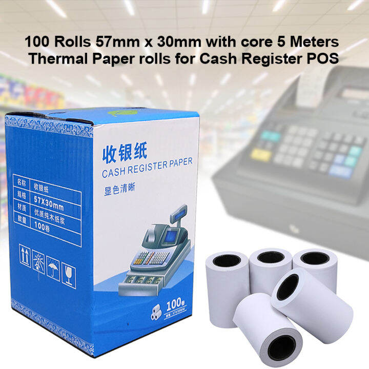 100 Rolls 57mm x 30mm with core 5 Meters Thermal Paper rolls for Cash ...