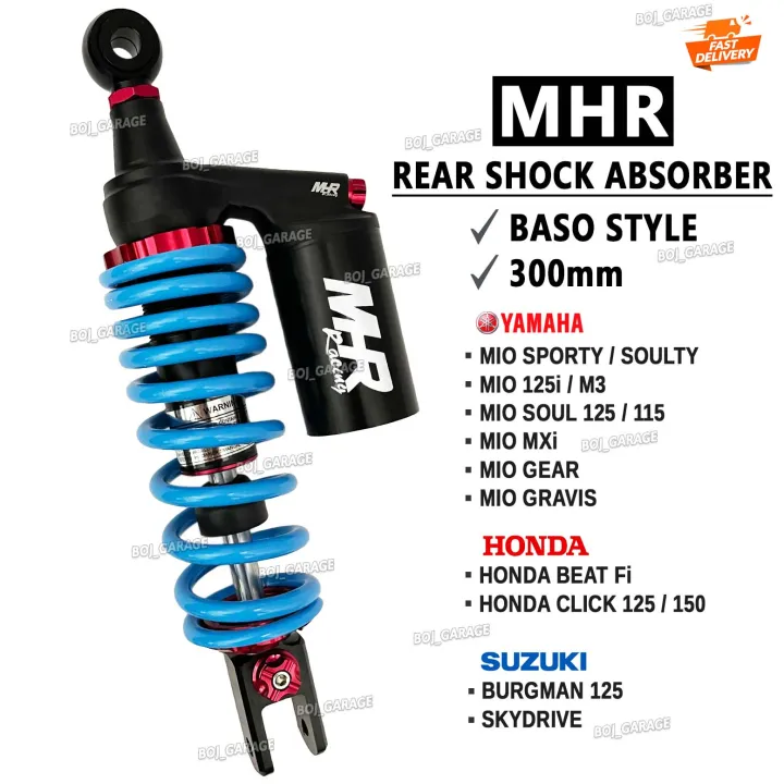 REAR SHOCK ABSORBER 300MM BASO STYLE BLACK BLUE MHR BRAND MIO BEAT CLICK PLUG AND PLAY MIO ...