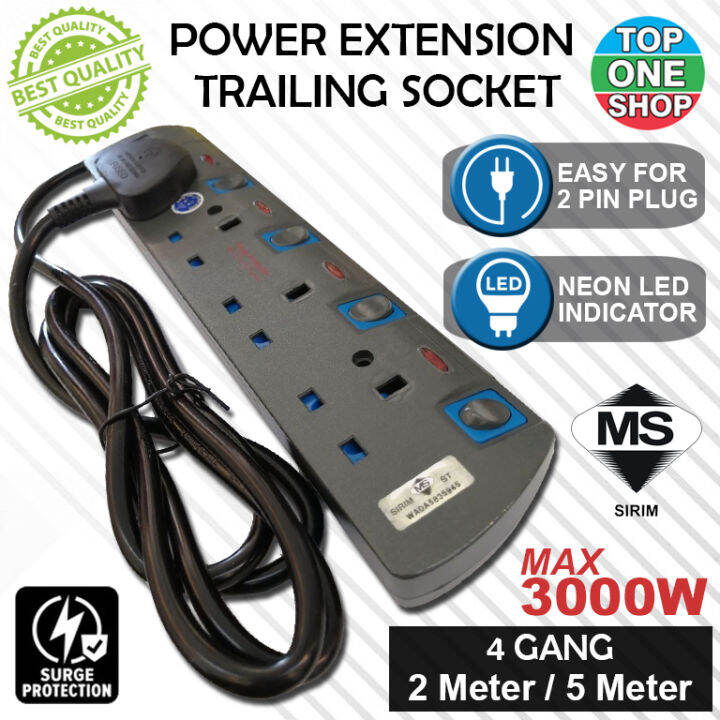 4 Gang 13A Surge Protector Black 2 Meter 5 Meter Trailing Extension Socket Extension Plug | Lazada
