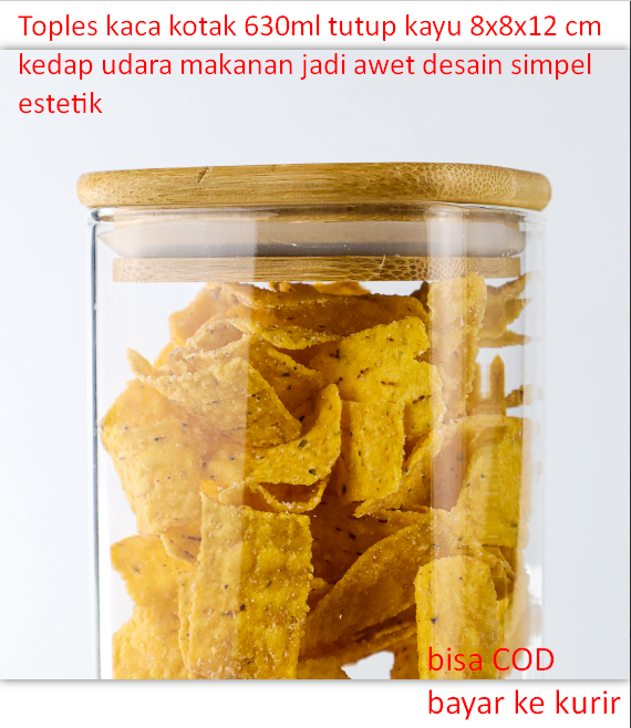 Toples kaca kotak 630ml tutup kayu 8x8x12 cm kedap udara makanan jadi ...
