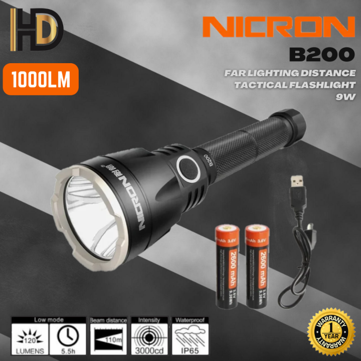 NICRON B200 Rechargeable Tactical Flashlight / 1000 Lumen / 1 Year ...