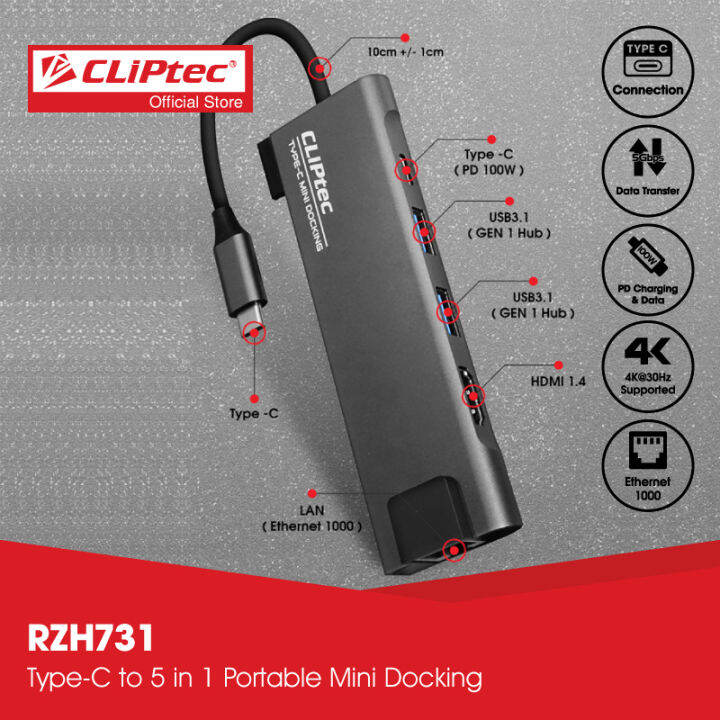 CLiPtec VIEWNET-5 Type-C to USB+Type C+HDMI+LAN Ports 5-in-1 Portable ...