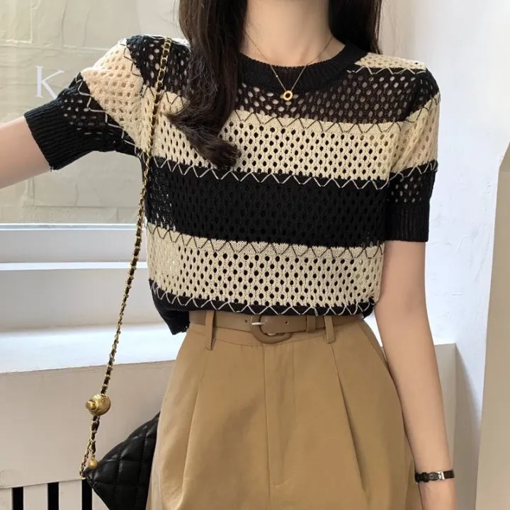 XJXJ.SHOP เสื้อไหมพรมคอกลมลายทางตข่าย CX01 | Lazada.co.th