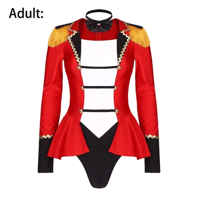 Womens Girls Circus Ringmaster Skirted Leotard Bodysuit Long Sleeve