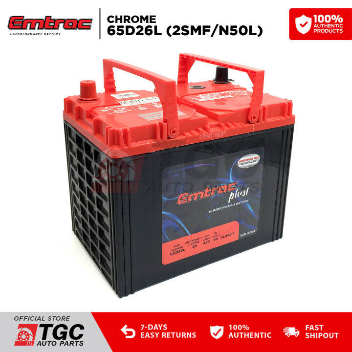 EMTRAC PLUS Battery / Batteries Chrome 65D26L (2SMF/N50L) 12V / 50AH RC mins 90 SAE/CCA 420 ...