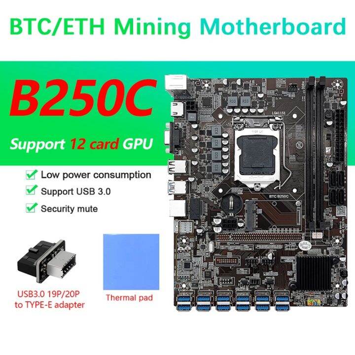 New 12 Card B250C BTC Mining Motherboard+USB3.0 19P/20P to TYPE-E ...