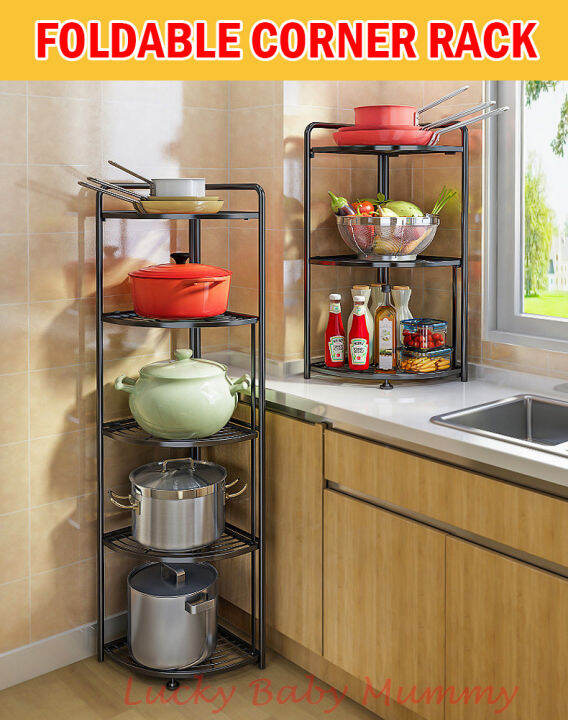 Pot storage rack/Black stainless steel foldable corner storage rack ...