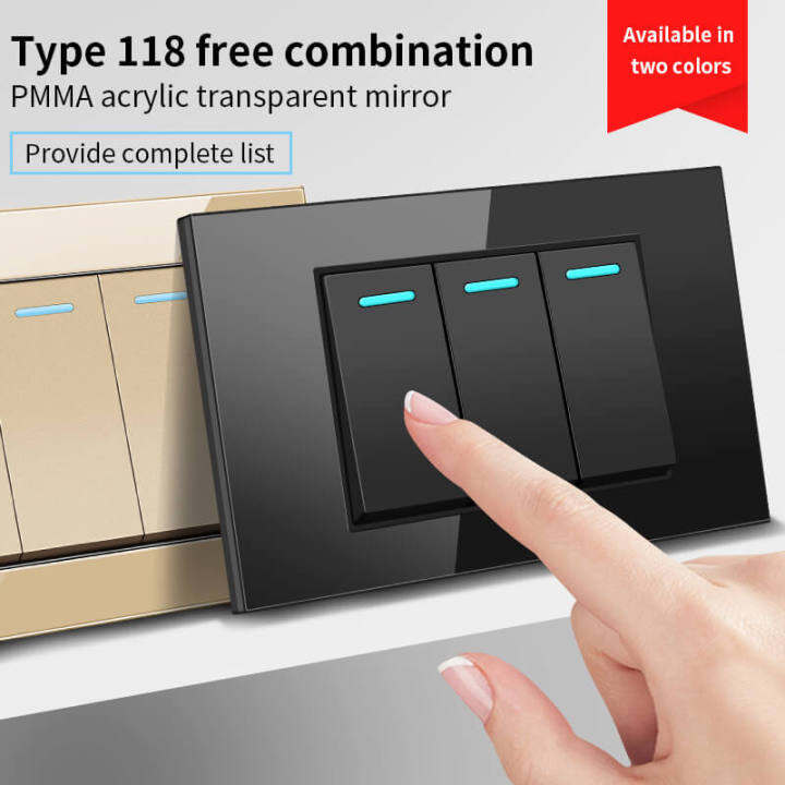 FLKL Light Switch Wall Socket Outlet 1/2/3/4 Gang Type 118 Tempered Glass Brushed Panel with LED ...