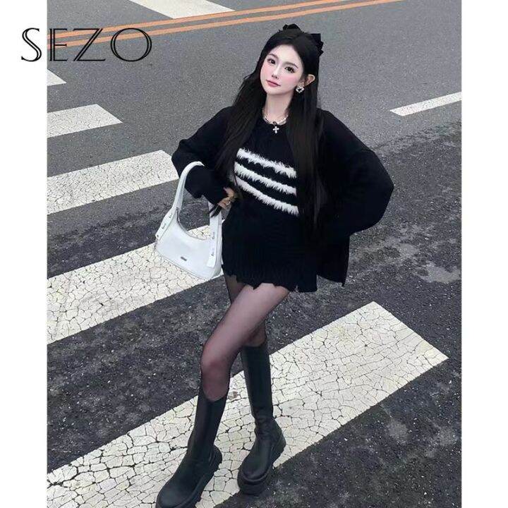 SEZO เสื้อสเวตเตอร์แคชเมียร์แขนยาวคอกลมทรงหลวมวินเทจสำหรับผู้หญิง ...