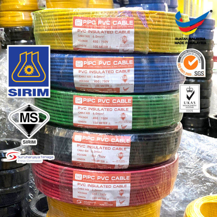 【SIRIM】 6mm PVC Insulated Cable (100% Pure Copper) PVC Cable Wire 【PIPC ...