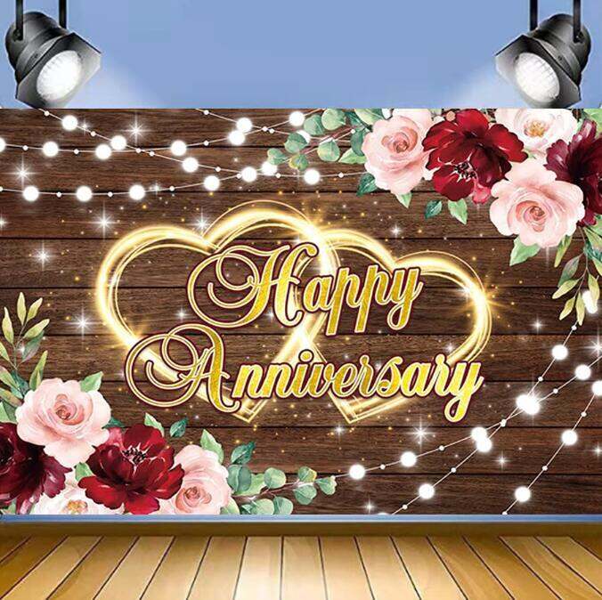 Happy Anniversary Backdrop Heart Burgundy Flower Rustic Wood Background ...