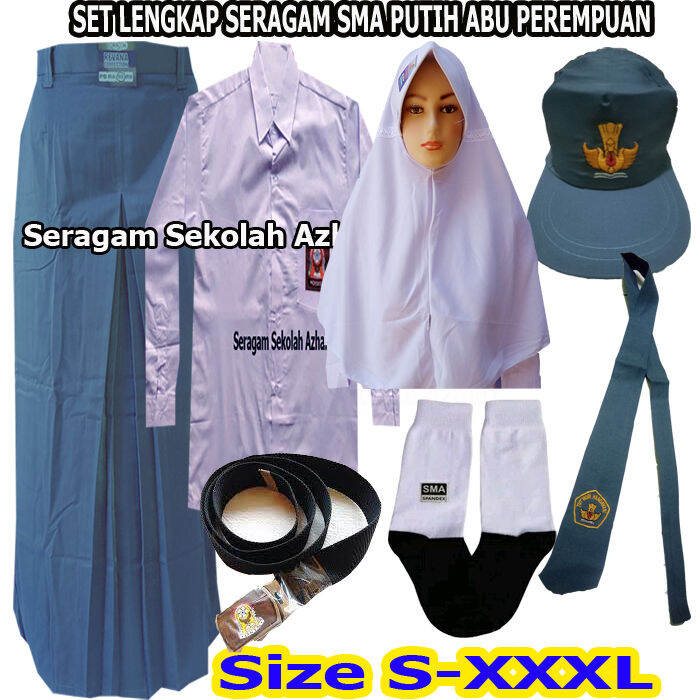 Set Lengkap Seragam Sekolah SMA Putih Abu Abu Perempuan Rok Sepan Lengkap Jilbab SMA+Topi SMA ...