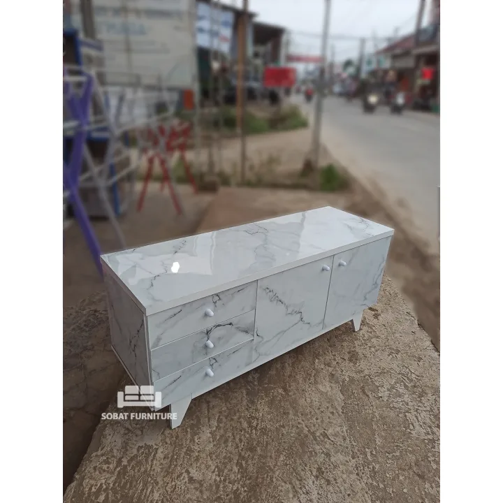 Diswar Meja TV Minimalis Motif Marmer HPL 120 Putih | Lazada Indonesia