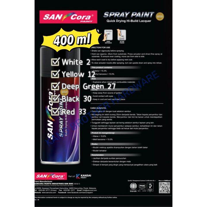SANCORA Spray Paint (400 ML) / Cat Semburan / Aerosol Spray Paint ...