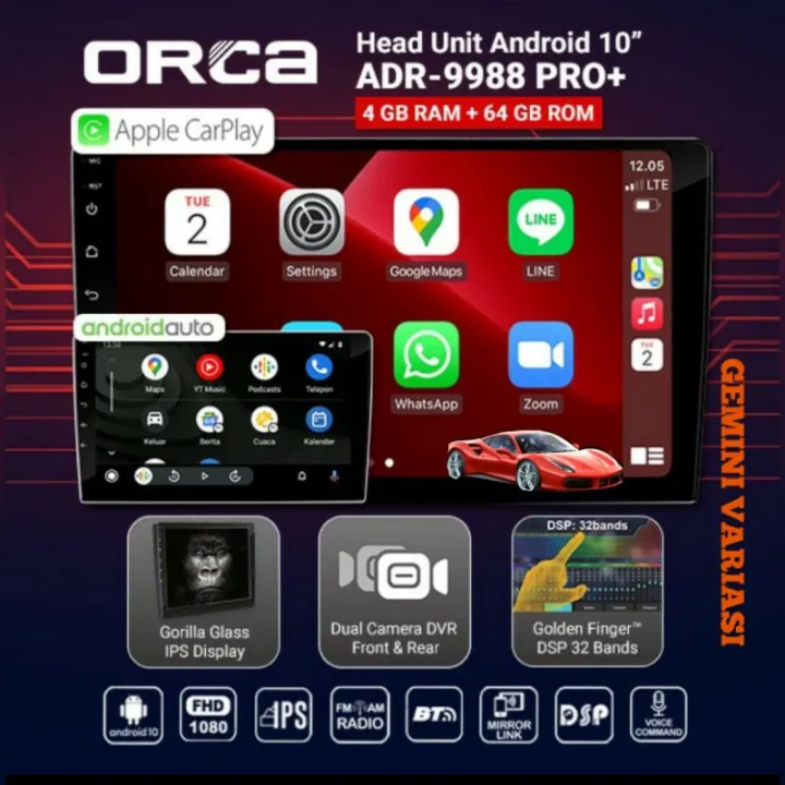 head unit double din android 10 inch orca pro plus adr-9988 ram 4/64 gb ...