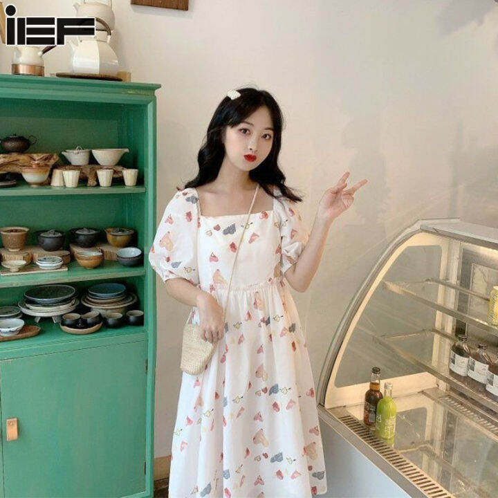 IEF 2023 new medium and long waistband slim floral square neck short sleeve dress for women ...