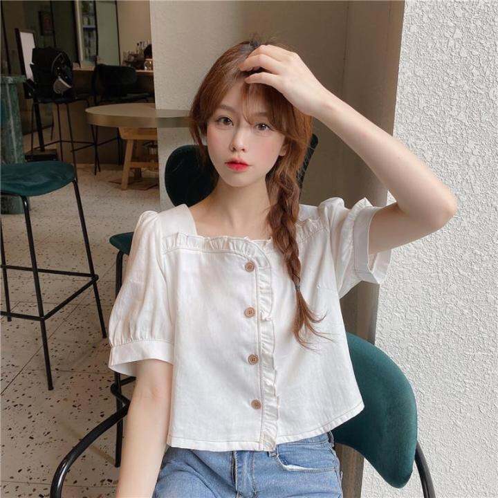 Shirts Women Square Collar Button Short Sleeve Korean Style Retro