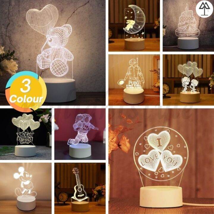 Tri-color Night Light 3D Acrylic LED Desk Lamp Bedroom Light Gift Light ...