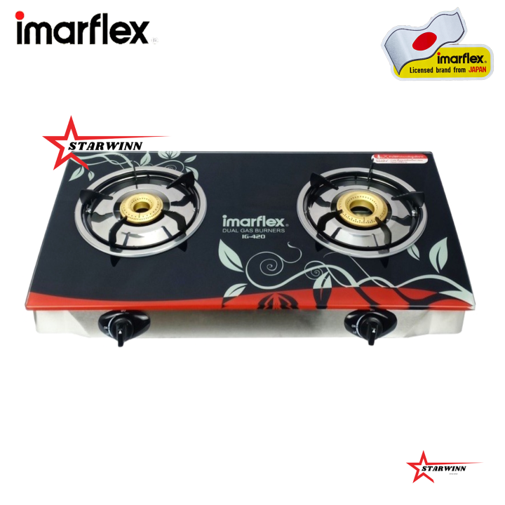 Imarflex GAS STOVE เตาแก๊สหัวทองเหลือง เตาแก๊สหัวคู่หน้ากระจก หัวทองเหลืองแท้ รุ่น IG-420 กระจก ...