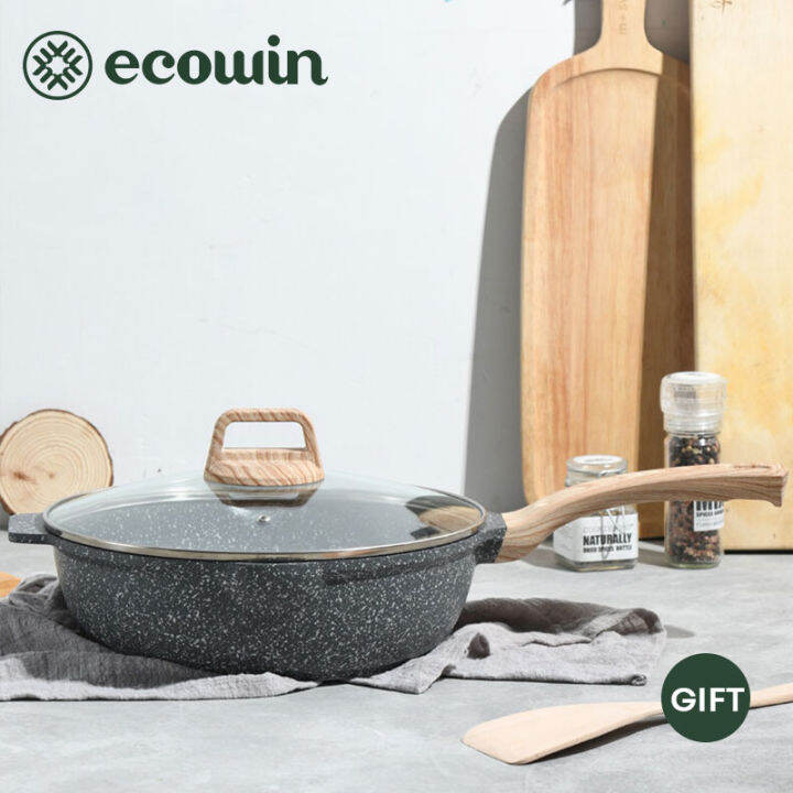 Ecowin Cookware Marble Coating Nonstick Deep Frying Pan Includes Lid Large Capacity of 24/28 ...