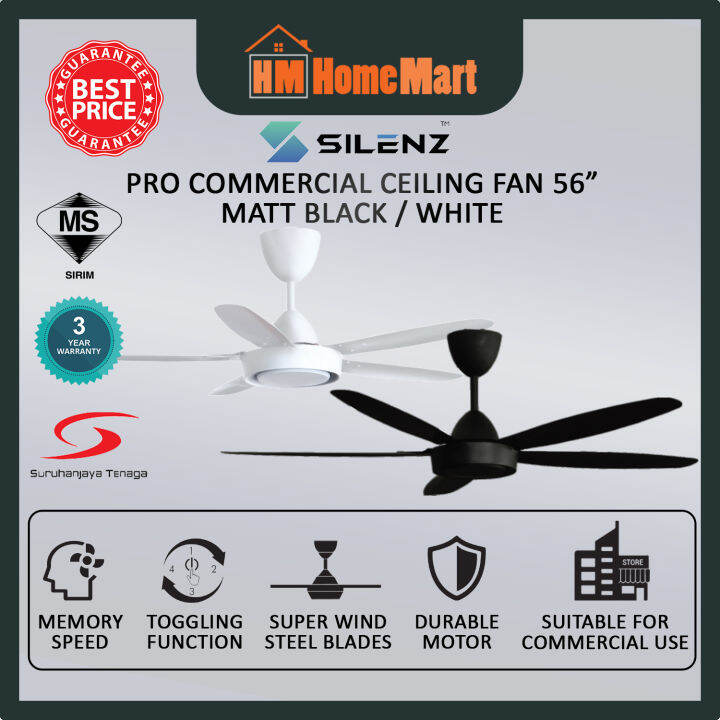 Silenz PRO Series 56" AC Motor Commercial Ceiling Fan (Matt Black/White ...