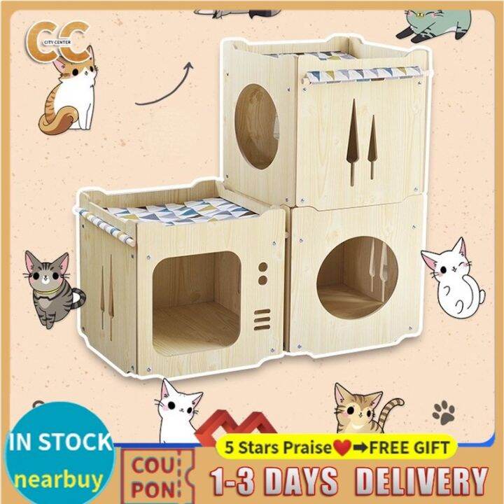 【local shipment】Large Wooden Cat Dog kennel building block combination ...