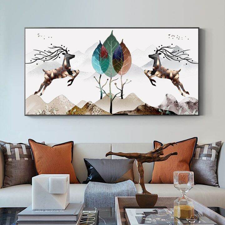 Lukisan poster dan cetakan pemandangan dua kuda modern abstrak foto ...