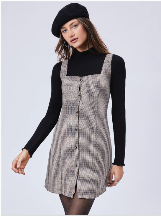 Cider Houndstooth Square Neck Button Up Mini Dress | Lazada PH