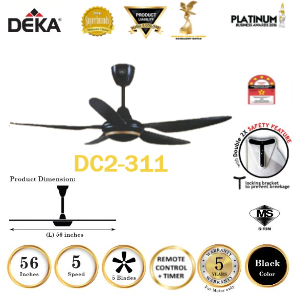DEKA DC2-311 56" Inch 5 Blades 5 Speeds Ceiling Fan 5 Years Motor ...