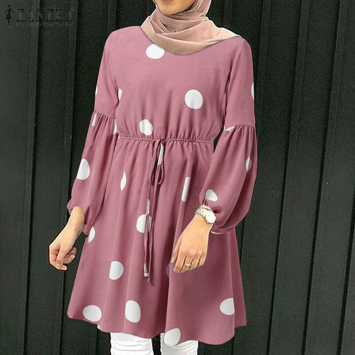 Hijabfab Zanzea Muslimah Baju Kurung Raya Womens Puff Long Sleeve Polka