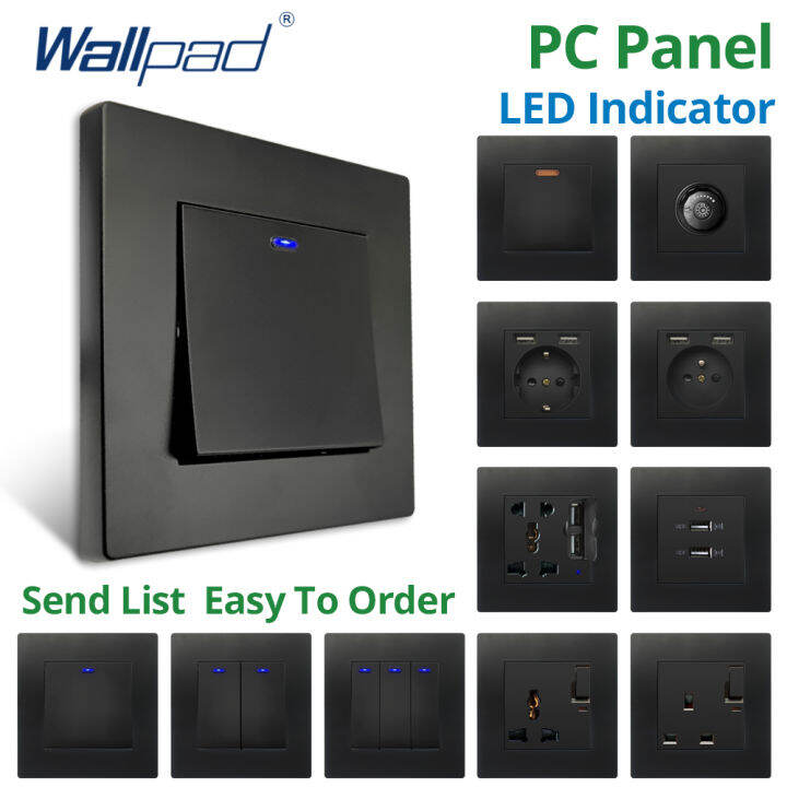 Wallpad Black PC Panel 1 2 3 Gang 2 Way Wall Switch With LED EU Wall ...