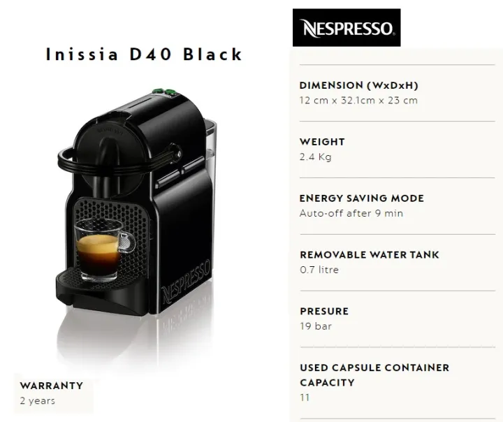 NESPRESSO Inissia D40 Black D40-ME-BK-NE4 | Lazada