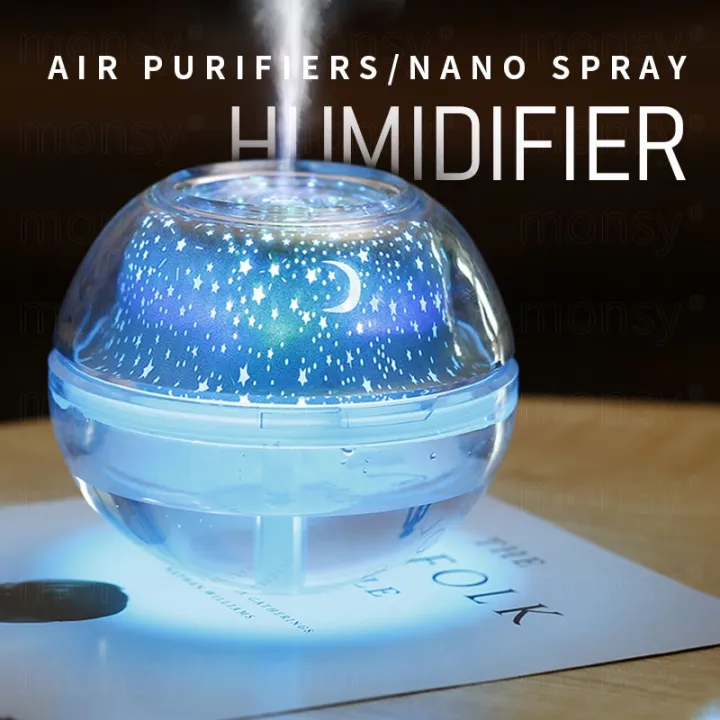 3(]Humidifier 500ml Portable Crystal Night Light Projection USB ...