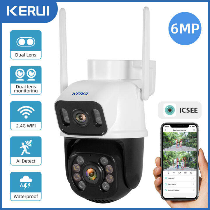 KERUI Icsee Outdoor Wireless 6MP Dual Lens WiFi IP Camera Home Security CCTV Video Surveillance ...