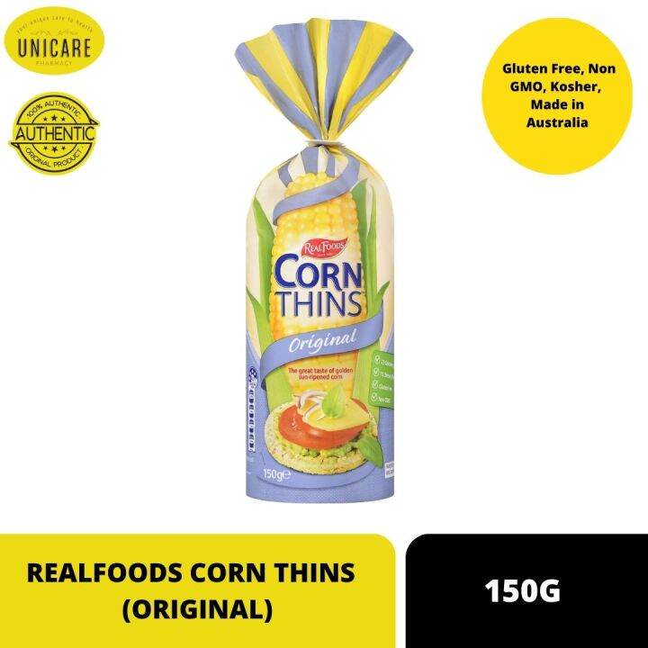 REAL FOODS CORN THINS 150G (ORIGINAL). Gluten Free, Non GMO, Kosher ...