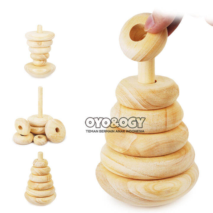 Mainan Kayu Edukasi Anak Ring Donat Susun Natural Melatih Keseimbangan ...
