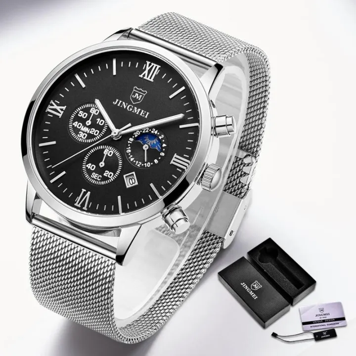 JINGMEI ยี่ห้อผู้ชายนาฬิกาแฟชั่นสายรัดข้อมือลายตาข่ายควอตซ์นาฬิกานัก ...