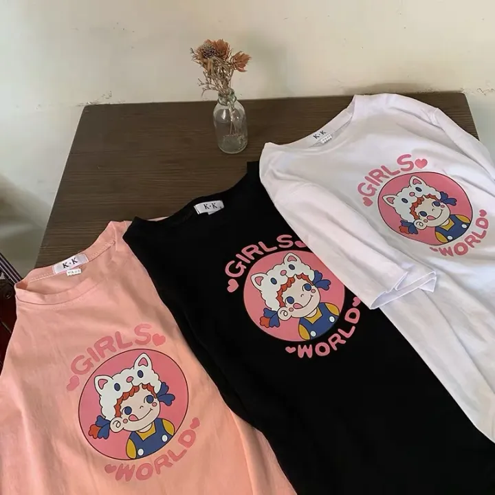 midsummer เสื้อยืดแฟชั่นเกาหลี พิมพ์ลายการ์ตูนเด็กผู้หญิงสุดน่ารัก คอ ...