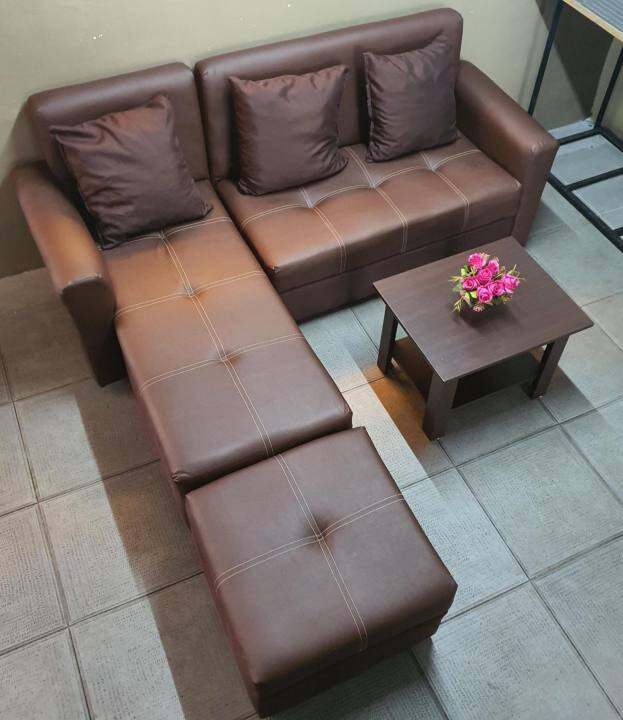 L SHAPE BROWN LEATHER SOFA WITH CENTER TABLE SALA SET URATEX FOAM / COD ...
