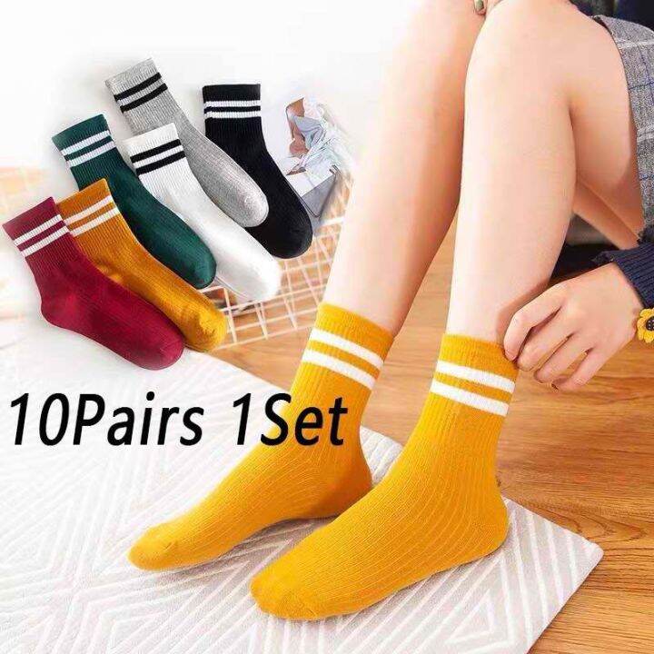 10 Pairs Korean Mid Cut Socks | Stripes Baseball Foot Socks | High ...